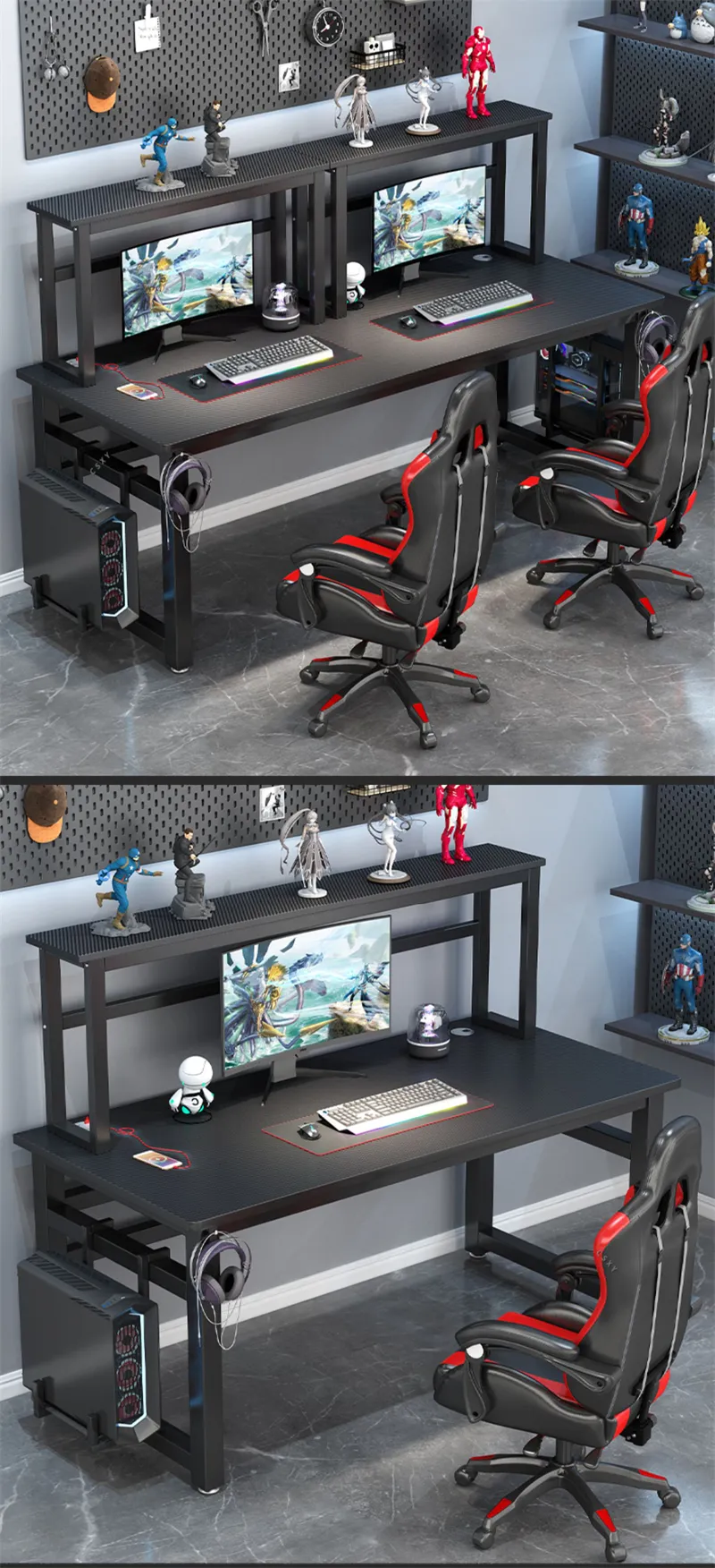 Modern Double PC Gaming Table with Bookshelf, Computer Desk for Home ...
