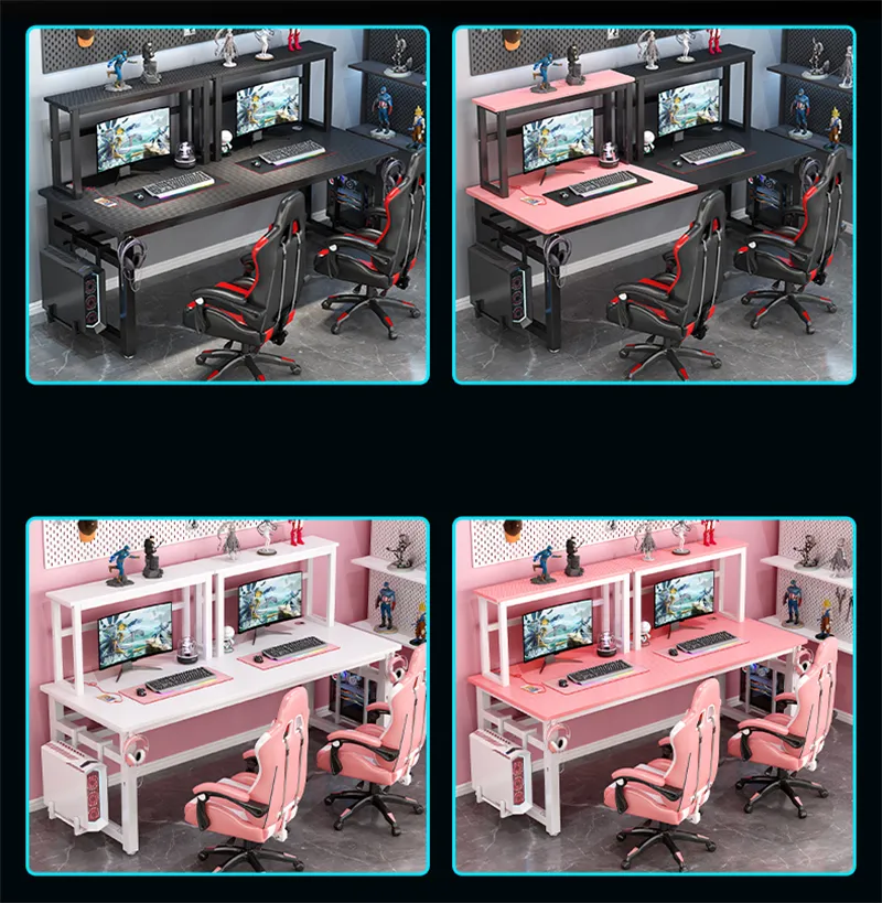 Modern Double PC Gaming Table with Bookshelf, Computer Desk for Home ...