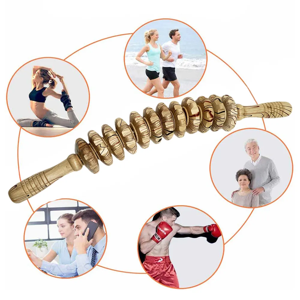 Wooden Yoga Meridian Rod Massage Roller with 12 Wheels for Whole Body ...