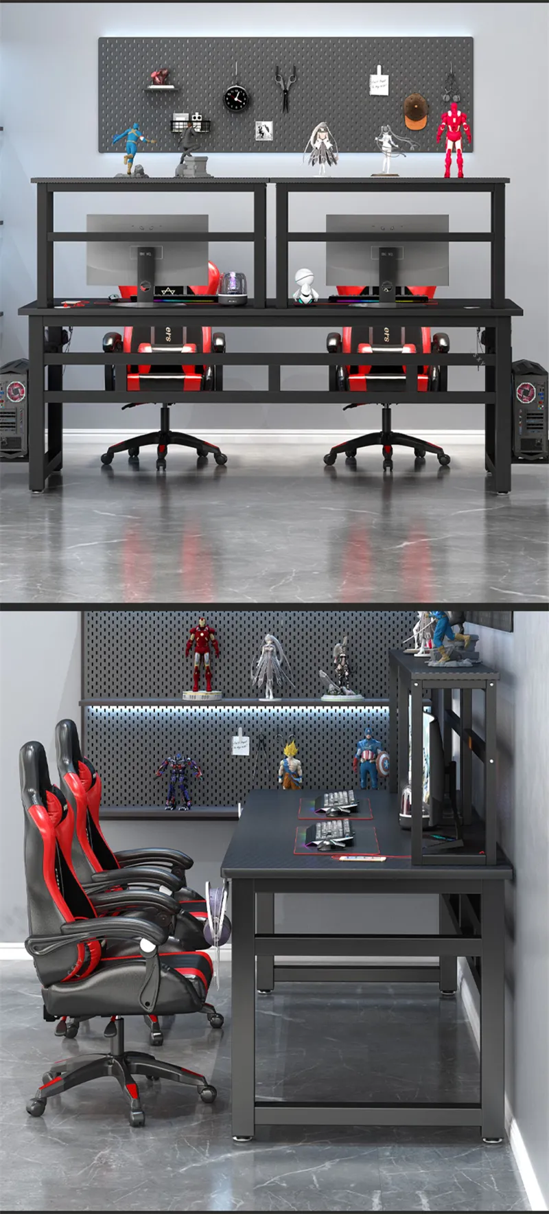 Modern Double PC Gaming Table with Bookshelf, Computer Desk for Home ...