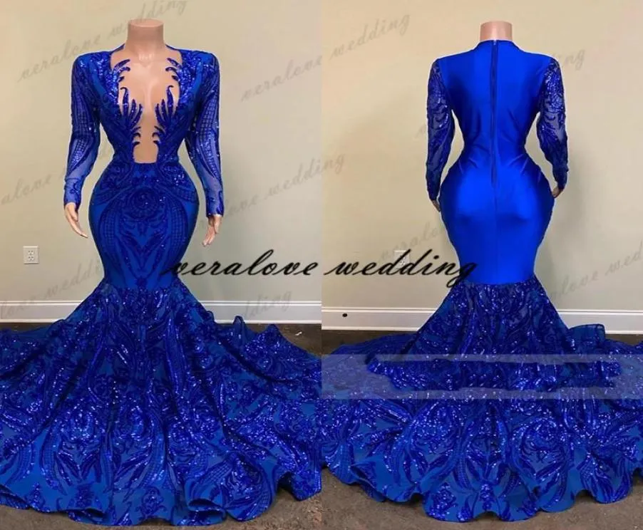 Royal Blue Mermaid Prom Dresses Sparkly Lace Sequins Long Sleeves Black Girls African Celebrity ...