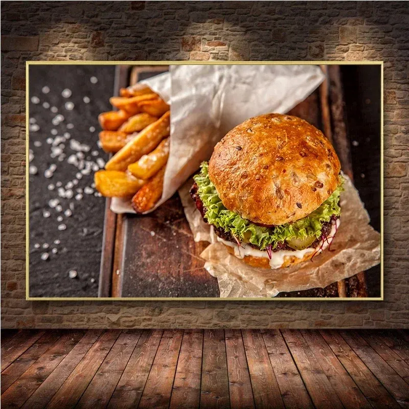 Wallpaper For Restaurant: Food Art Canvas Painting Delicious Burger ...