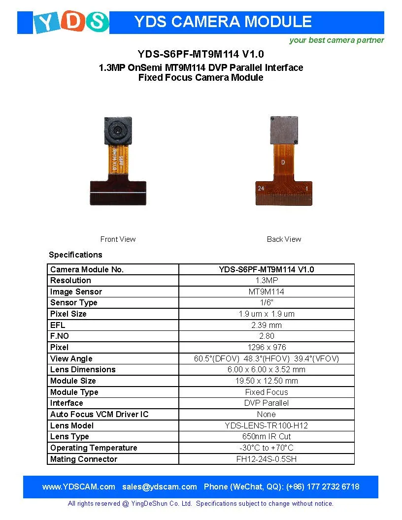 DHgate.com:3MP Fixed Focus Camera Module with MT9M114 Sensor, DVP Parallel Interface, YDS-S6PF ...