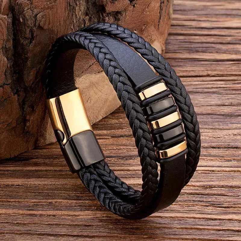 Men's Leather & Stainless Steel Multi-Layer Woven Bracelet - Classic Cabinet Design Jewelry from ...