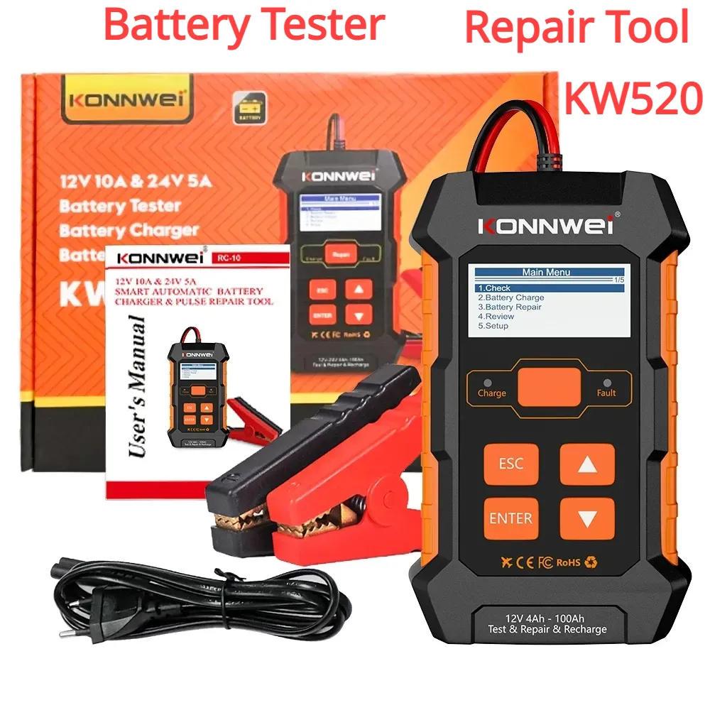 KONNWEI KW520 12V 10A 24V 5A Automatic Car Truck Battery Tester Charger ...