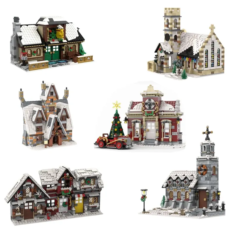 MOC Village Cafe Winter Church Building Block Kit Plastic City Street ...