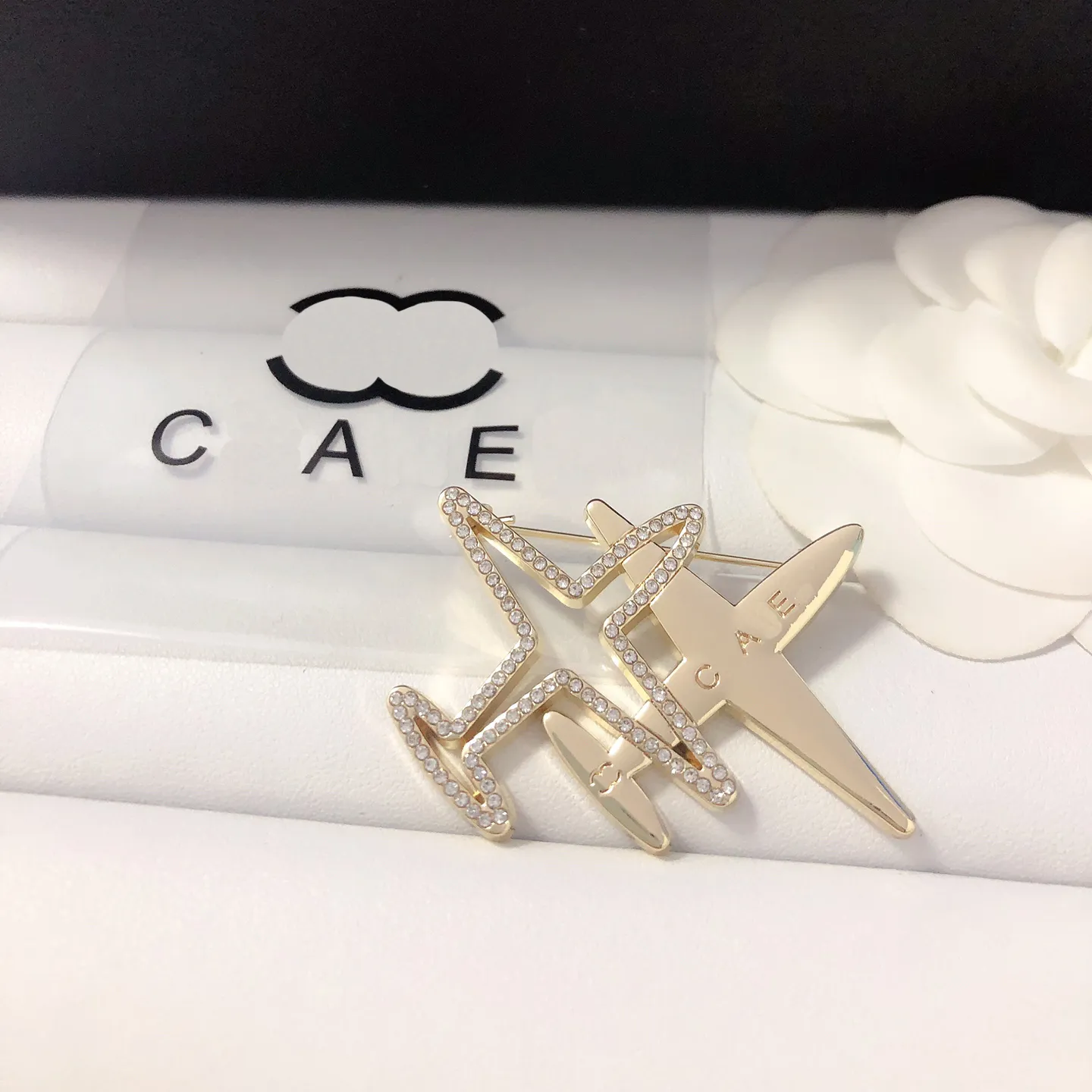 Elegant Gold Plated Aircraft Style Diamond Brooch Vintage Box With ...