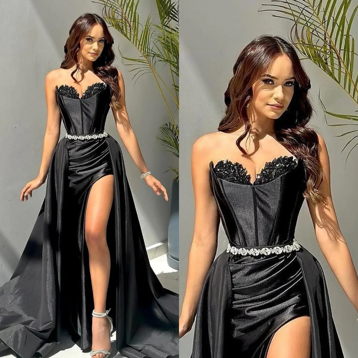 Black Beaded Sash Black Corset Prom Dress With Detachable Train And ...