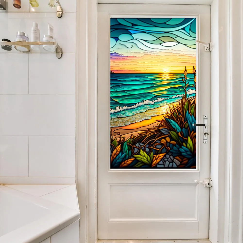 Colorful Seaside Sunset Non-Adhesive Removable PVC Window Film for ...