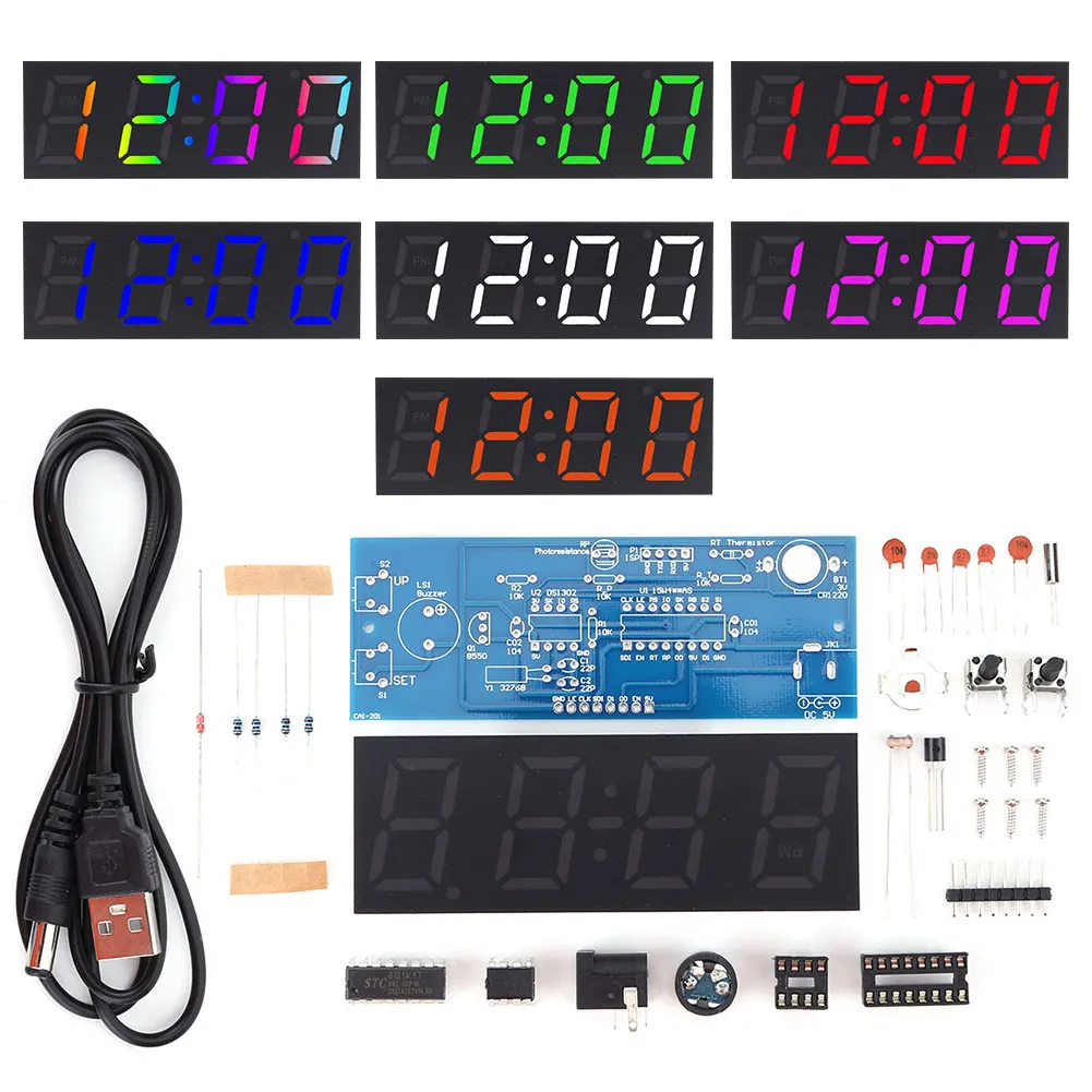 LED Digital Tube Clock DIY Electronic Kit Time Week Temp Date Display 4 ...