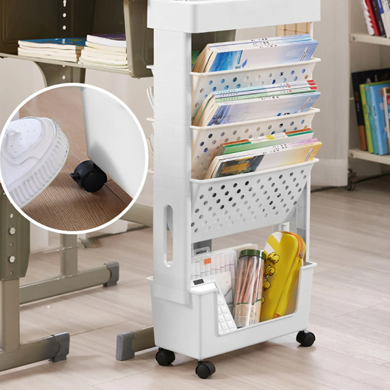 5-Tier Movable Bookcase Bookshelf with Drawers and Wheels Large ...