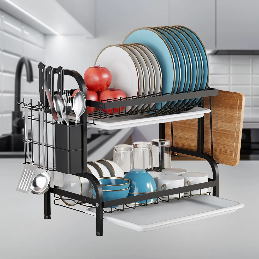 2 Tier Dish Drainer with Drainboard Large Capacity Kitchen Dish Rack ...