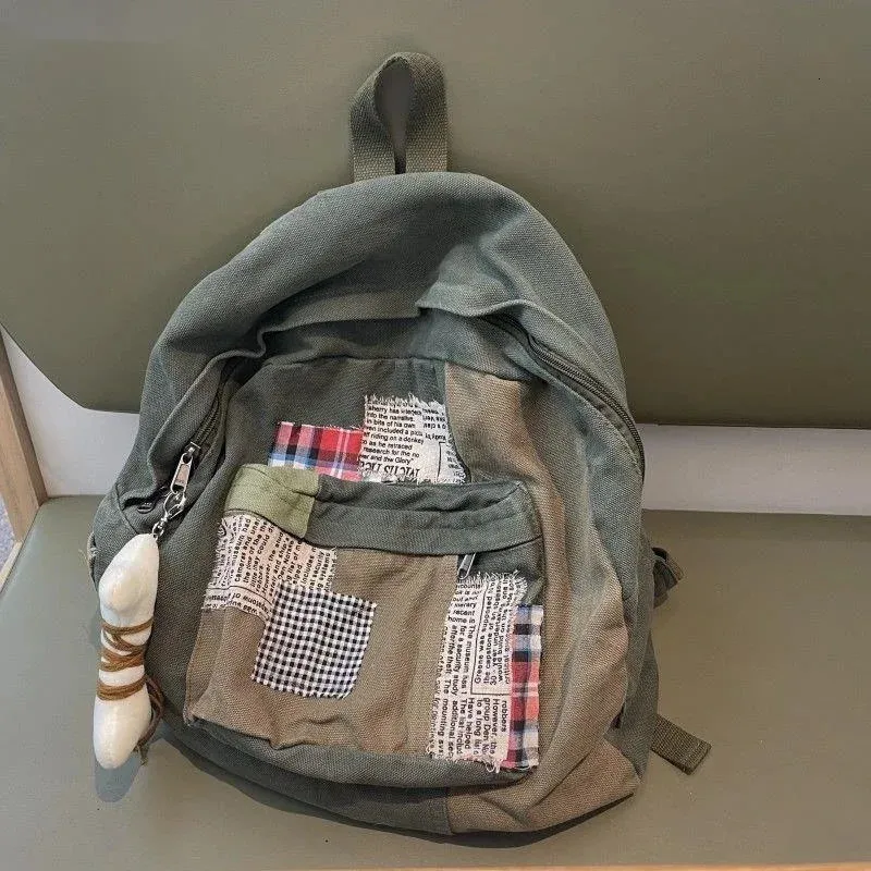 Patchwork Canvas Backpack Retro Y2K Aesthetic Japanese Style Simple ...
