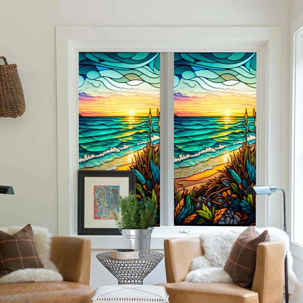 Non-Adhesive Seaside Sunset PVC Stained Glass Window Film for Home ...