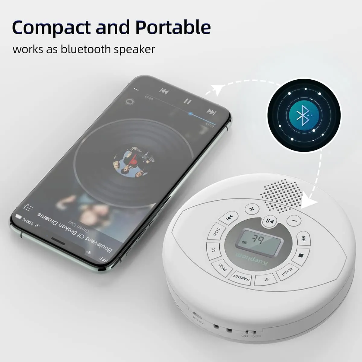 Portable CD Player Bluetooth Wireless CD Walkman With Built In Speakers ...