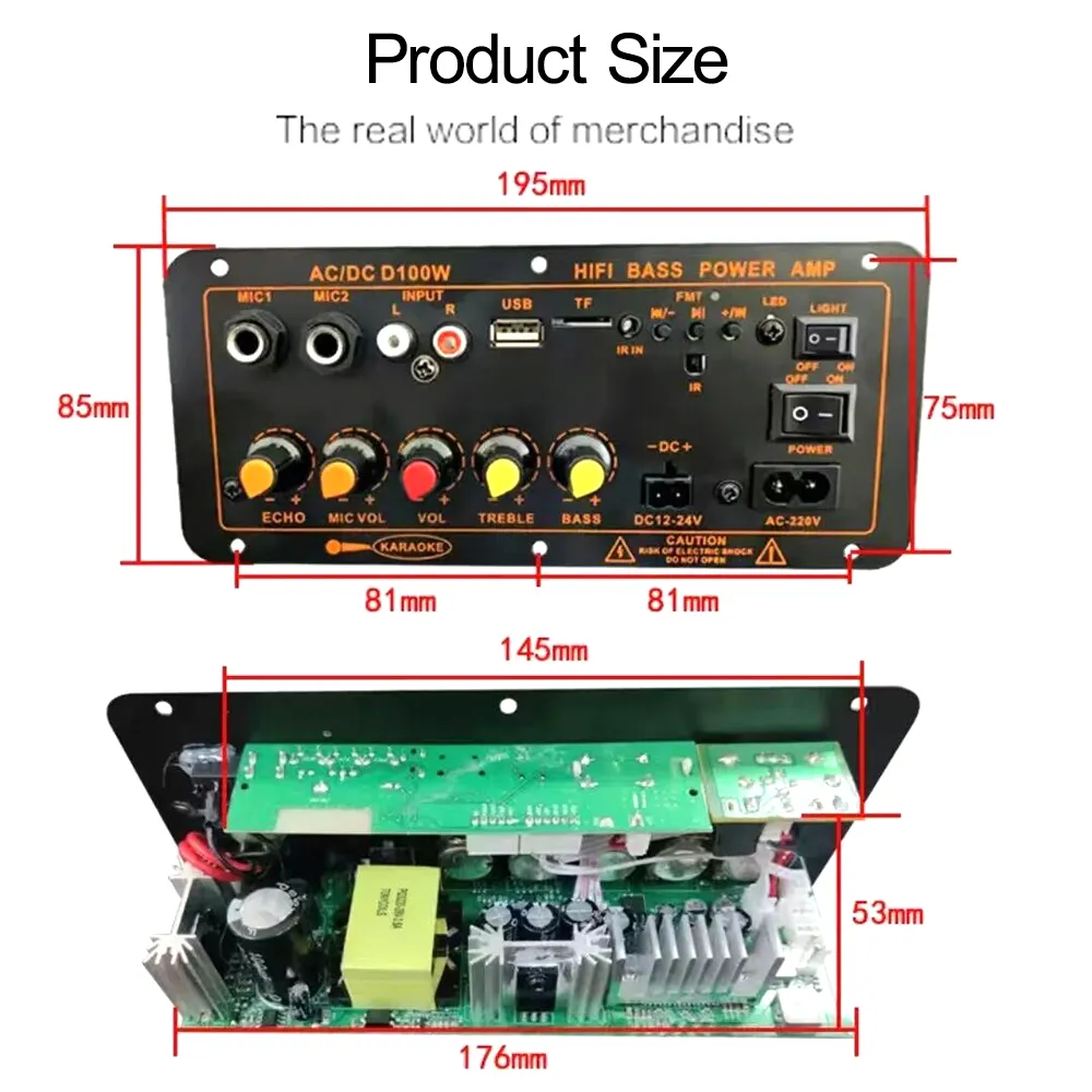 D100W 12-220V Bluetooth Power Amplifier Board - Dual Mic AMP for ...
