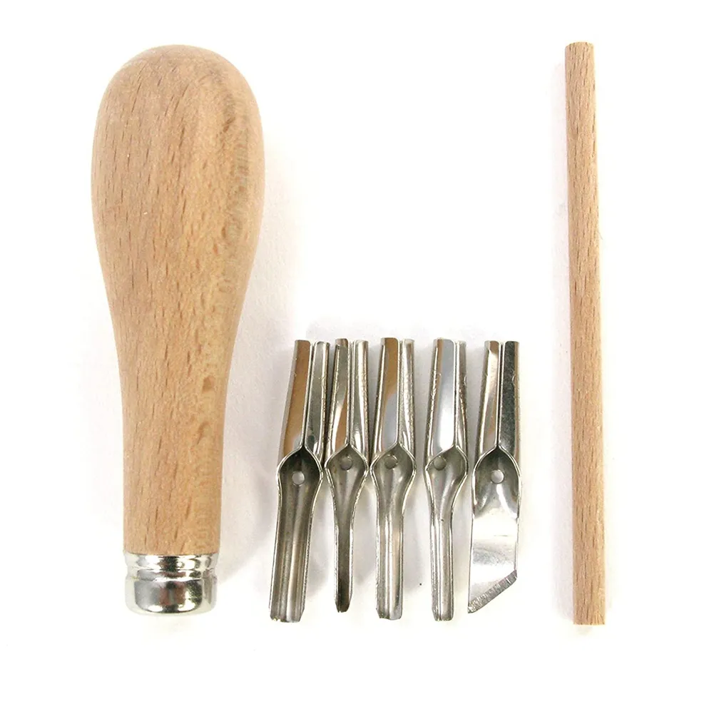 Lino Block Cutting Rubber Stamp Carving Tools with 5 Blade Wood Handle ...