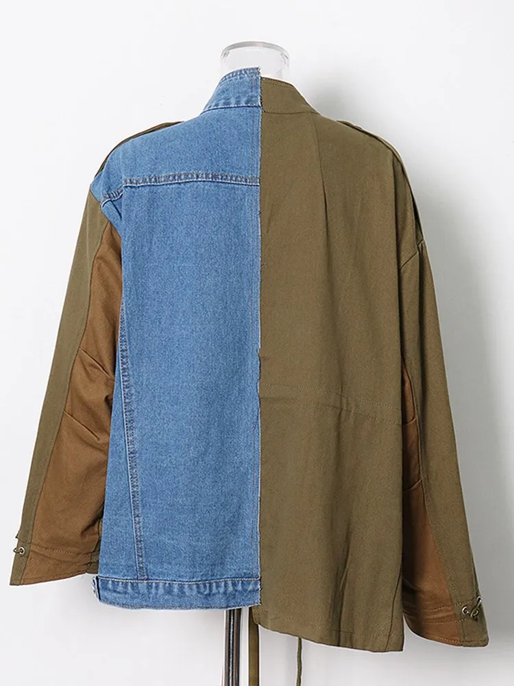 Asymmetrical Hem Denim Patchwork Jacket: Spliced Zipper Long Sleeve ...