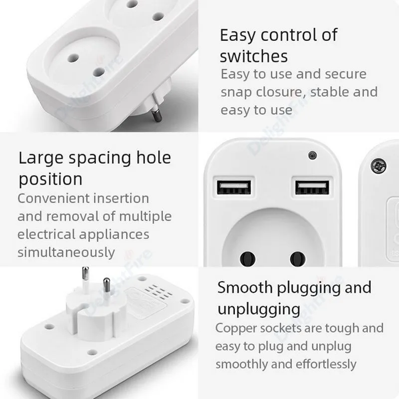 2-Way EU Plug Power Strip Extender with Dual USB Ports and European ...