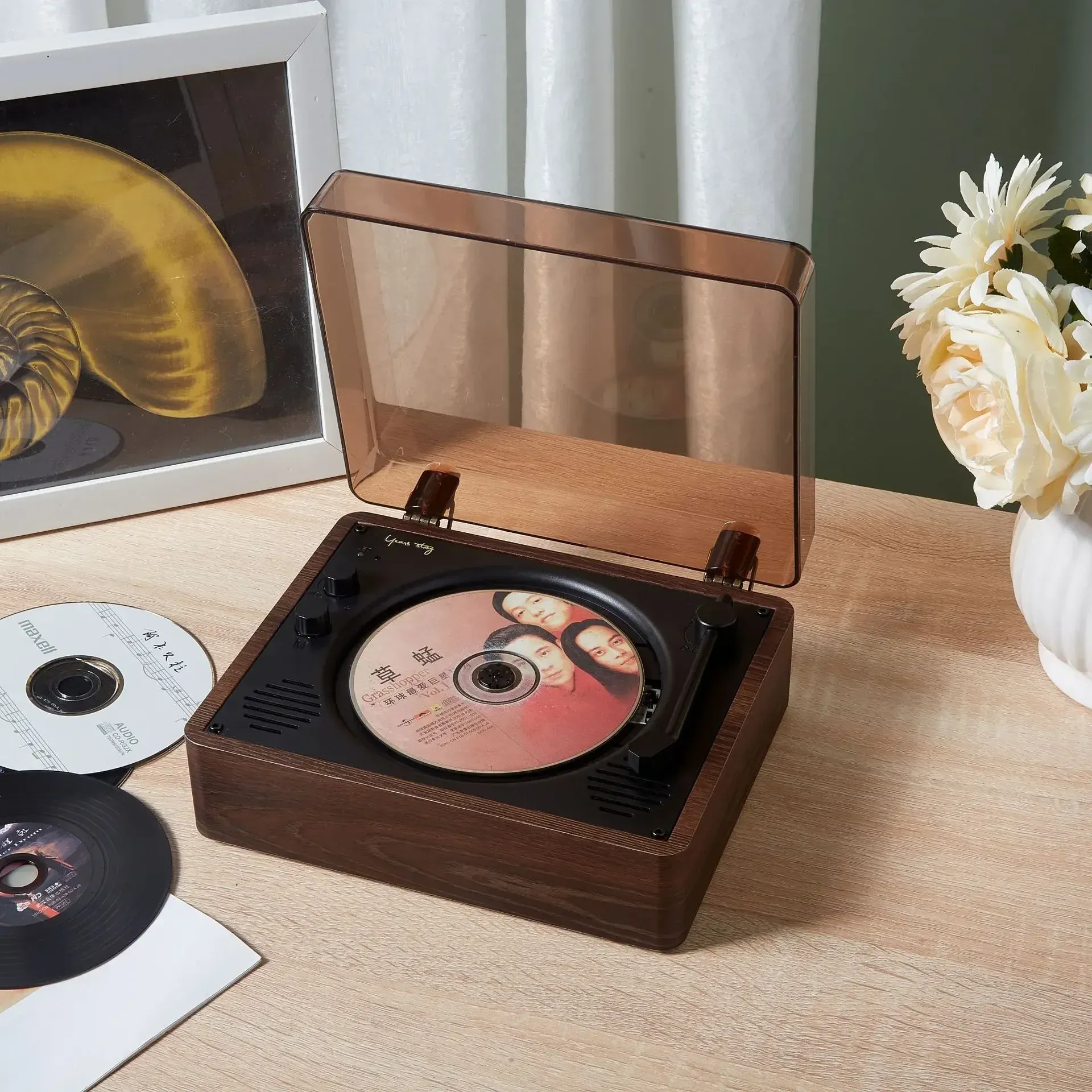 Portable Bluetooth CD Player Retro Vinyl Style Mini CD Record Player ...