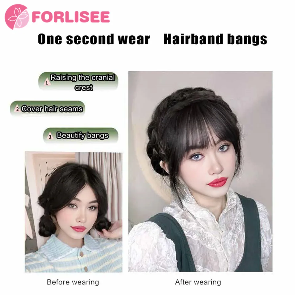 Fringe Bang Wig | Glueless Headband Wig with Curly Bangs | Natural ...