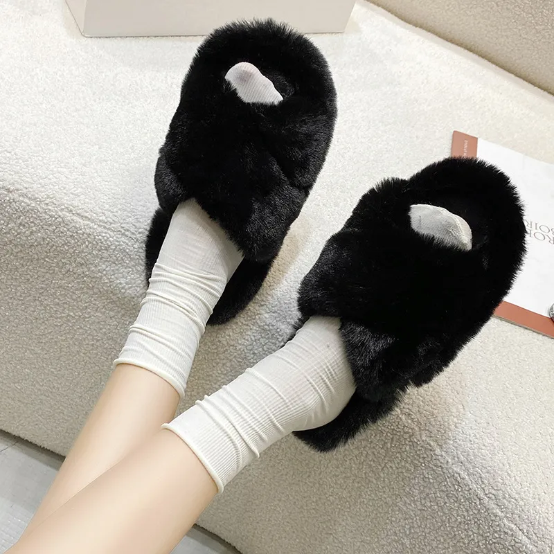 Women's Plush Fur Slides: Cozy Flat Massage Slippers, Rubber Sole ...