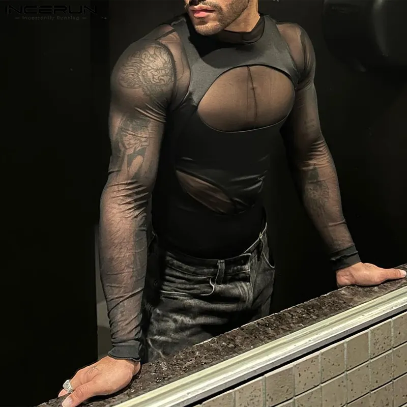Men Bodysuits Mesh Patchwork Round Neck Long Sleeve Rompers Black S-3XL ...