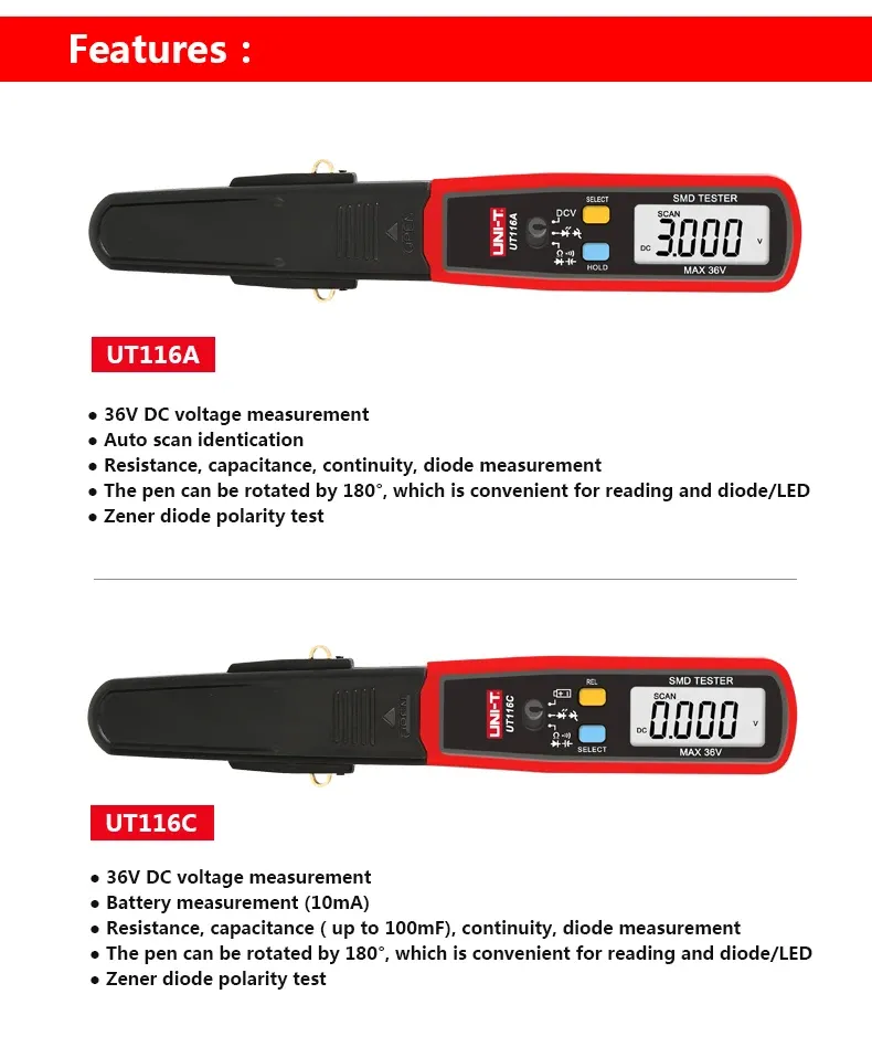 UNI-T UT116C Digital Voltage Tester with Rotatable Tweezer for Battery ...