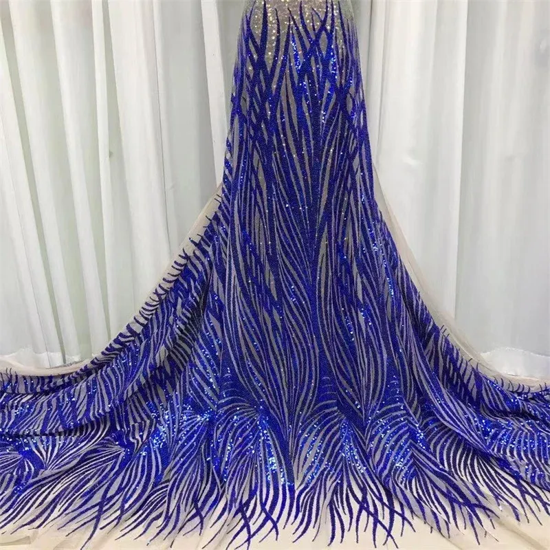 2024 Royal Blue Sequins Tulle Lace Fabric for Exquisite Evening Dresses ...