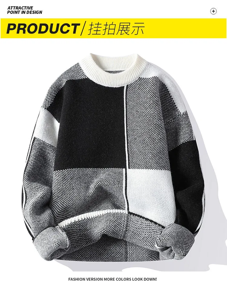 Men's Slim Fit Plaid Knitted Sweater Round Neck Pullover for Autumn and ...