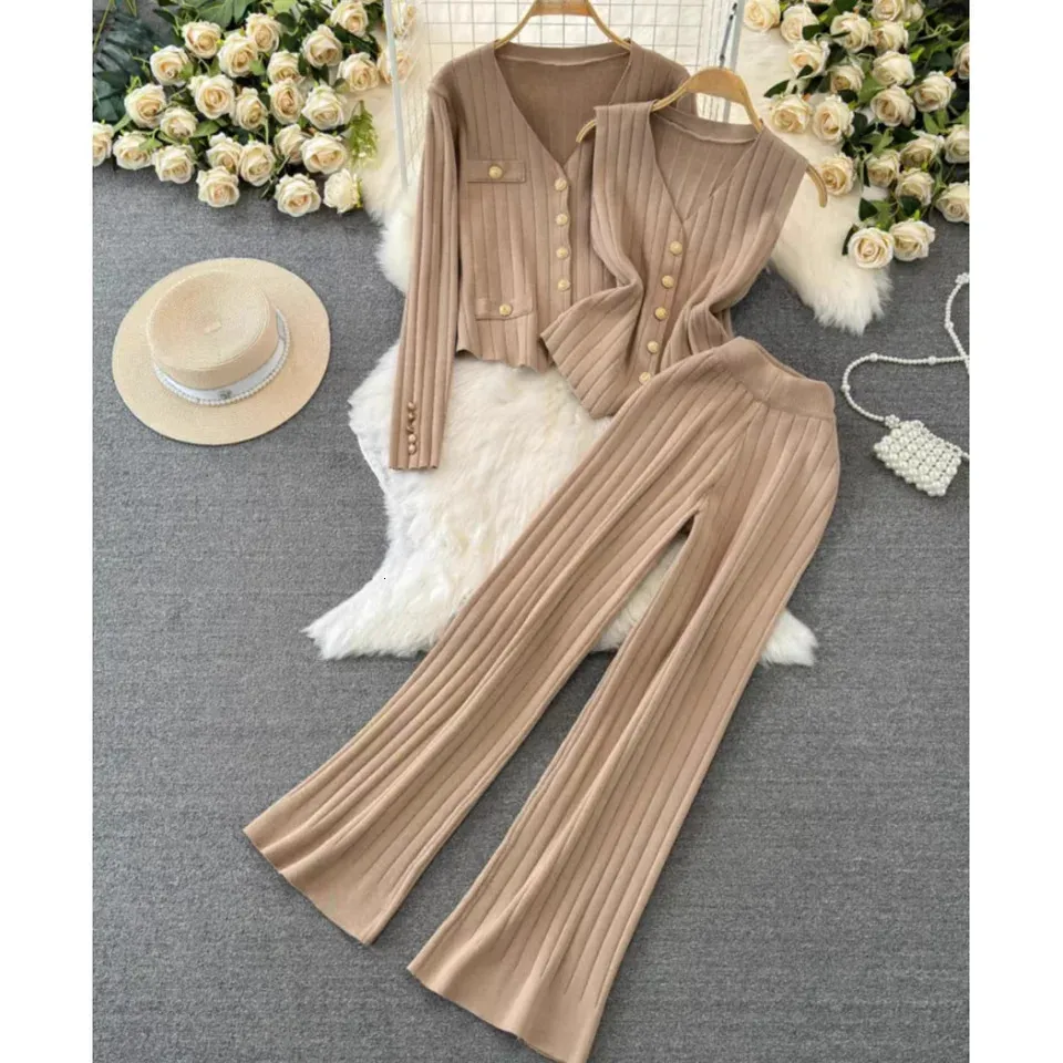 Korean Style Knit Set: V-Neck Cardigan, Vest & Wide Leg Pants - Premium ...