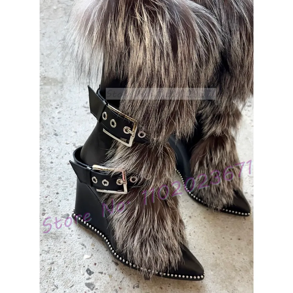 Elegant Pointy Toe Fur And Heels Black Fur Boots... From Factory ...
