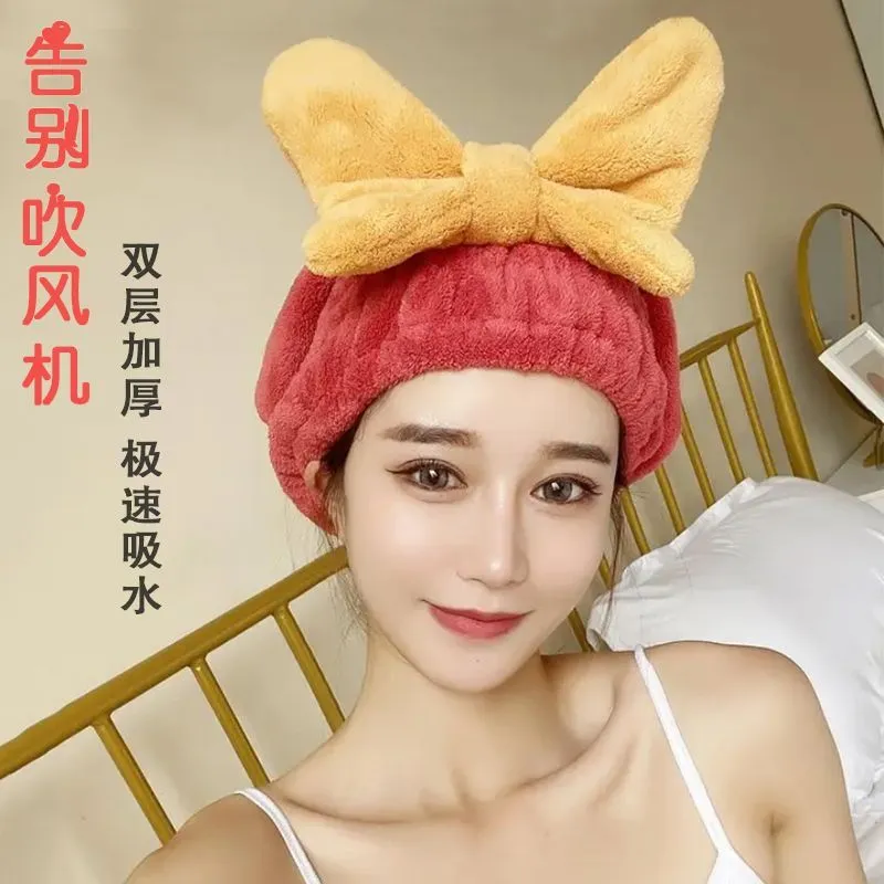 Coral Fleece Quick Dry Shower Cap with Large Bow for Women Spa Bathroom ...