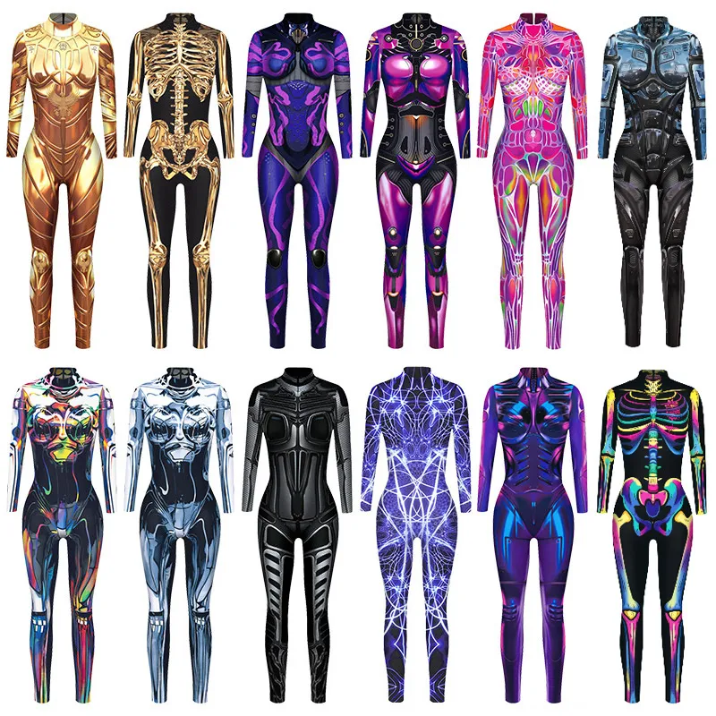 Sexy Women Men Jumpsuits 3D Printed Skeleton Skull Catsuit Full Sleeve ...