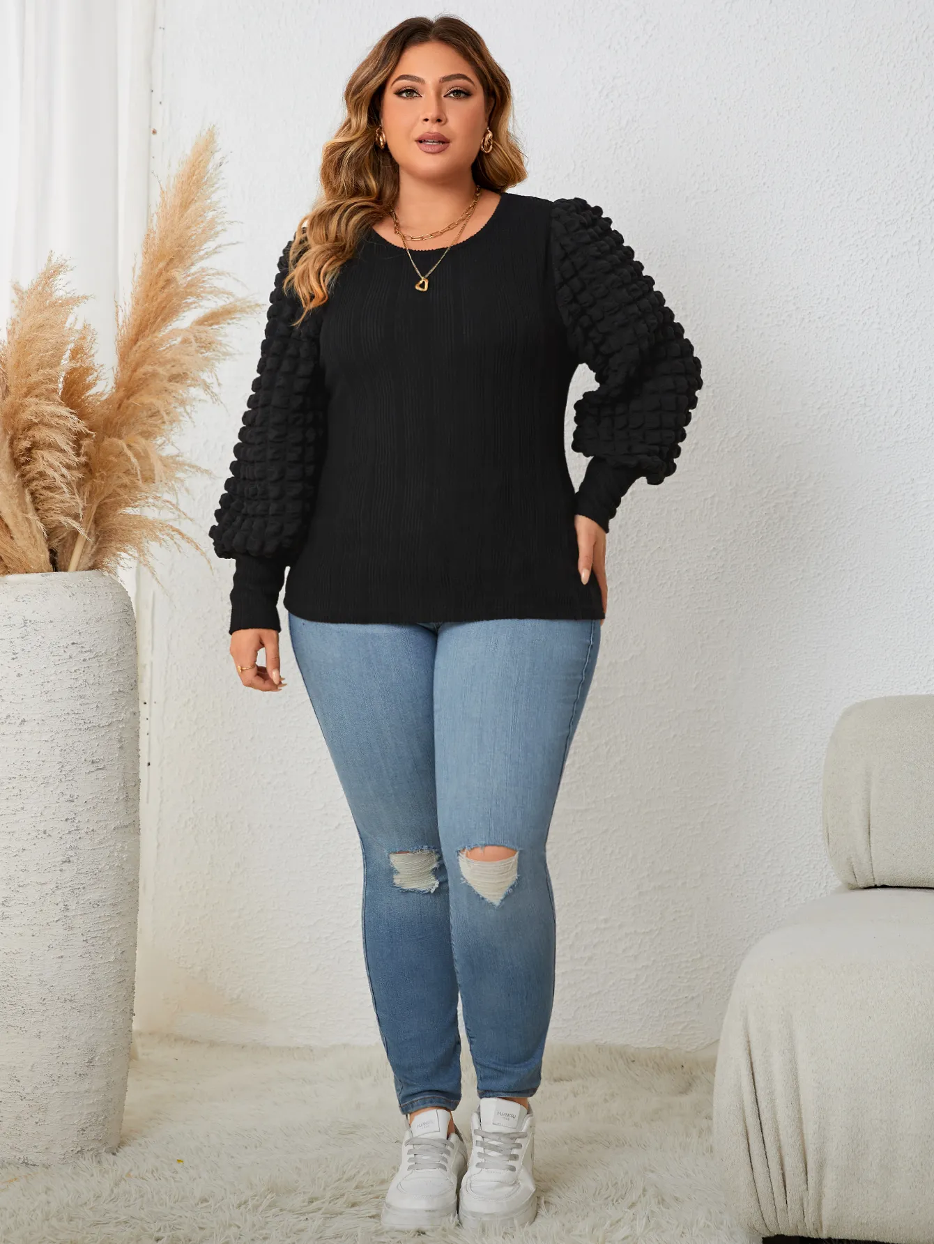 Plus Size Puff Sleeve Casual Elegant Top: Breathable Long Sleeve Autumn ...