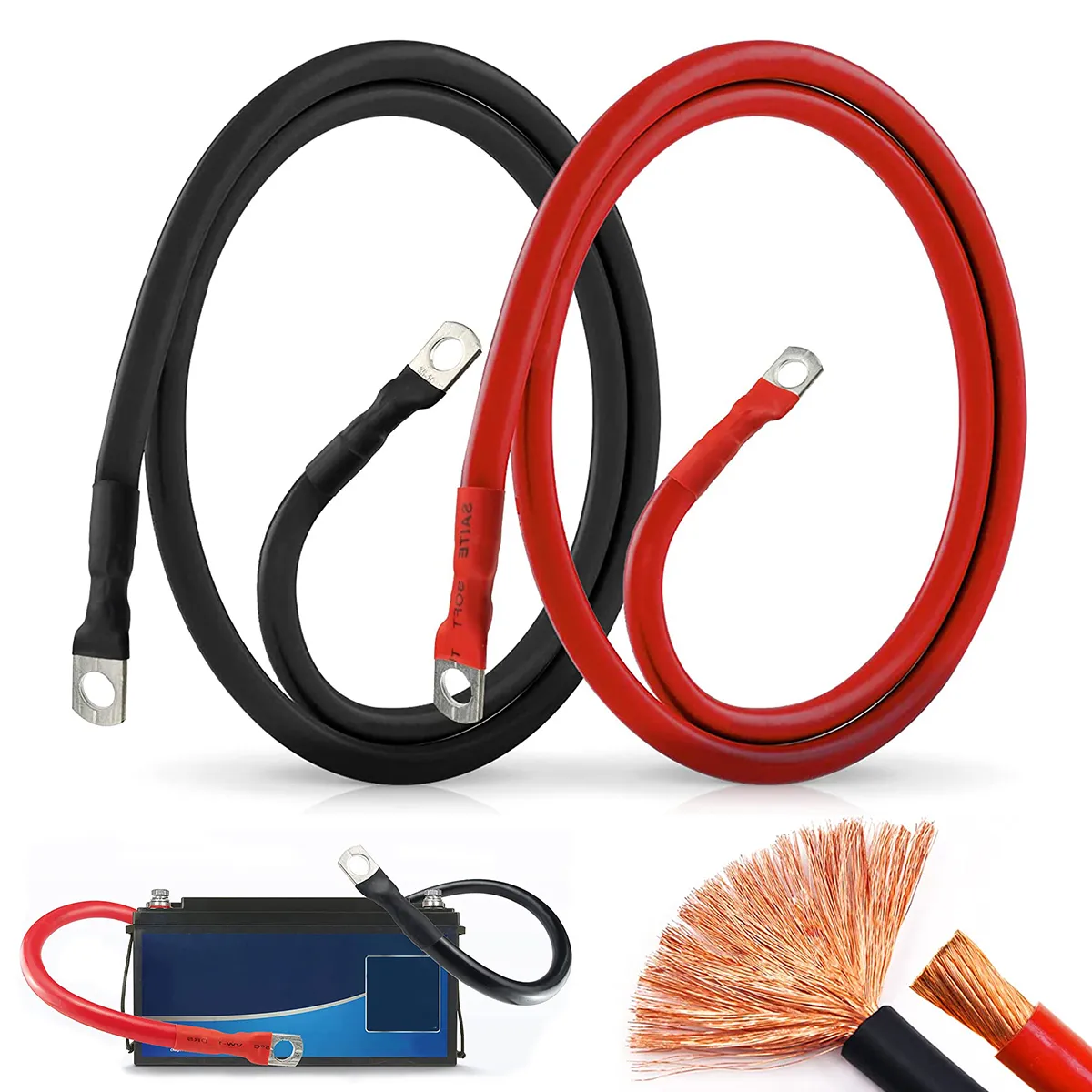 2 Gauge Battery Cable 60 cm Copper Wire with 3/8 Lugs for Car Marine ...