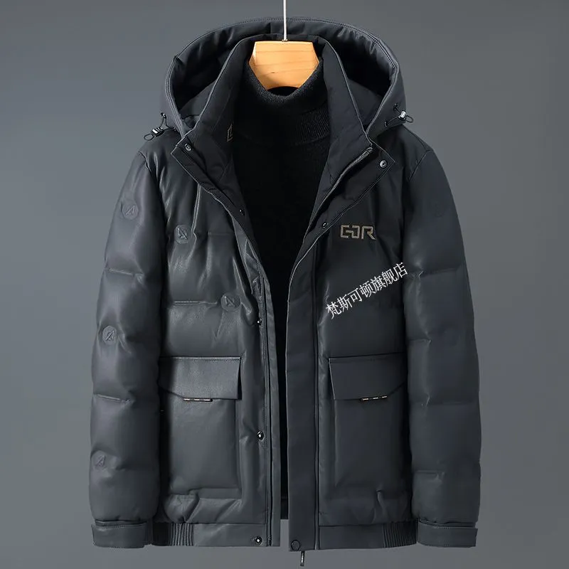 Luxurious Men's Sheepskin Leather Jacket with Thickened Down Hood for Unparalleled Winter Warmth ...