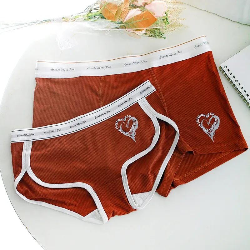 Couple Lingerie Underwear Set Ribbed Mid Rise Boxers Panties Breathable Antibacterial Sporty Style Love Print Sexy Comfortable