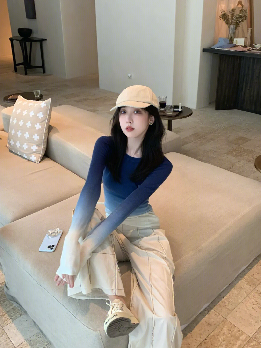 Pullover Sweater for Ladies Navy Blue Gradient Long Sleeve O-neck ...