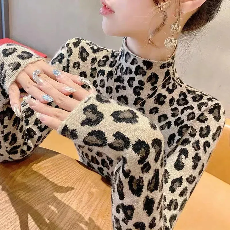 Elegant Leopard Print Pullover Sweater: Slim Fit, Half High Collar ...