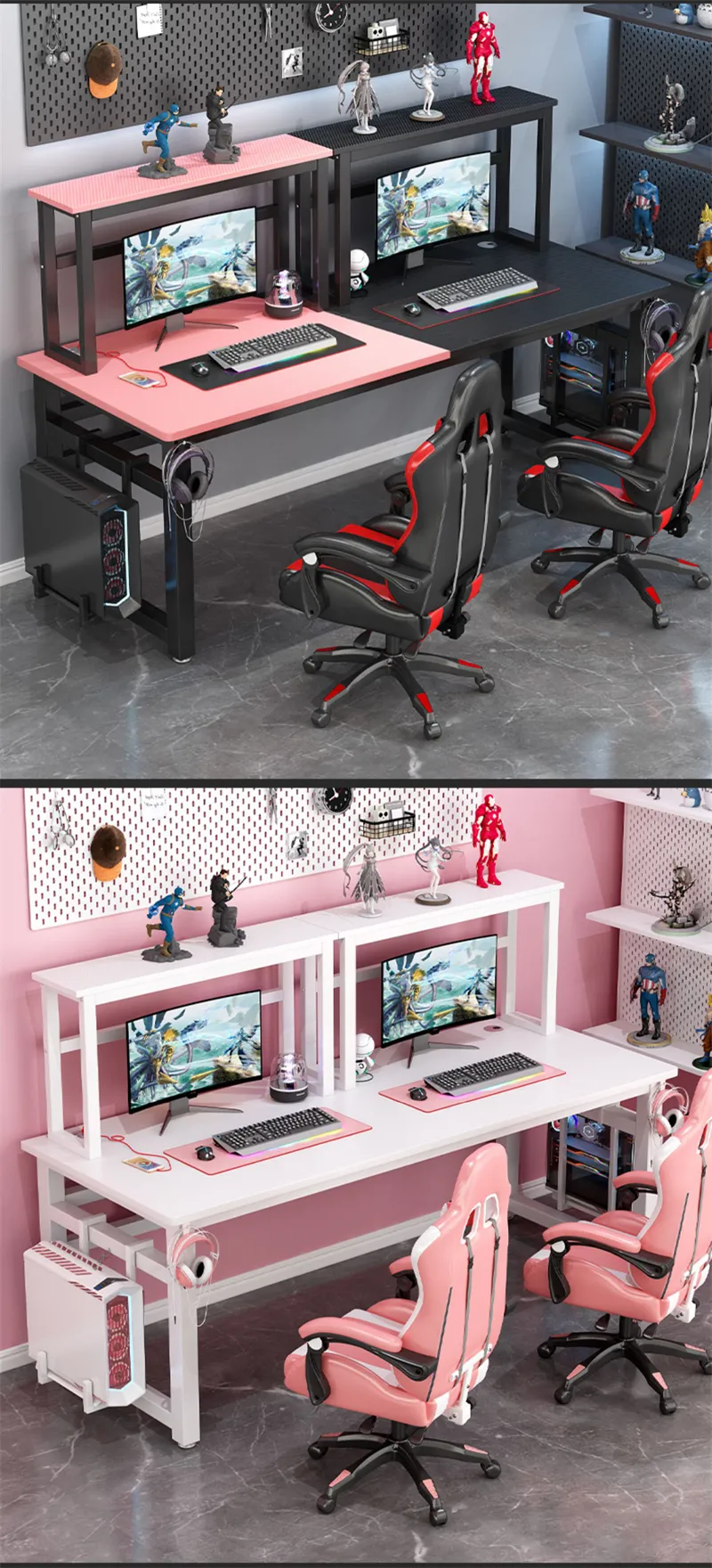 Modern Double PC Gaming Table with Bookshelf, Computer Desk for Home ...