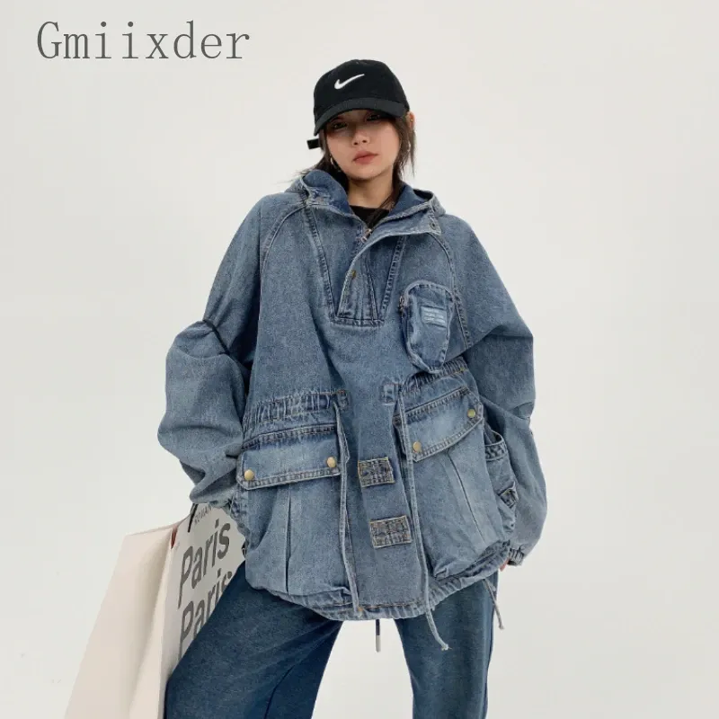 Unisex Retro Loose Denim Jacket: Distressed American Cargo Jean Jacket ...