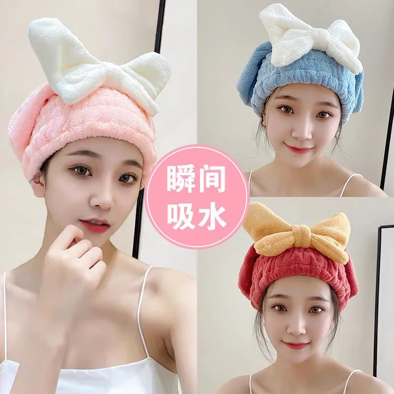 Coral Fleece Quick Dry Shower Cap with Large Bow for Women Spa Bathroom ...