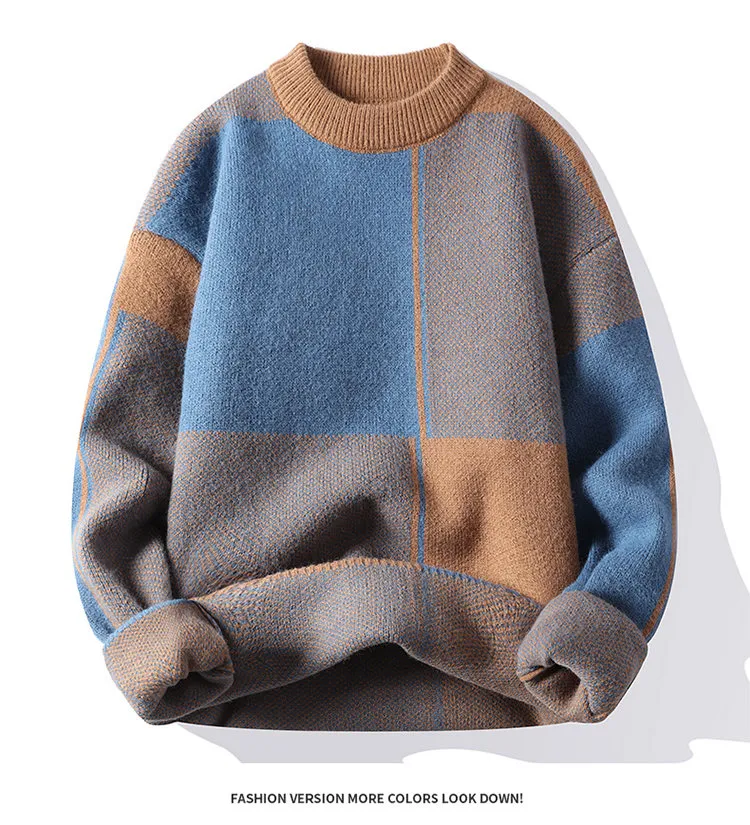 Men's Slim Fit Plaid Knitted Sweater Round Neck Pullover for Autumn and ...