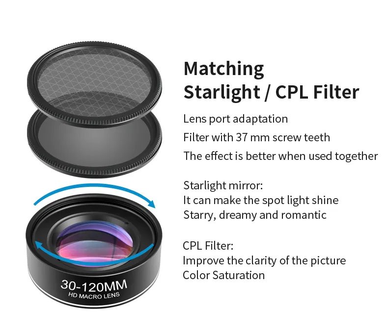 4K HD 30-120mm Adjustable Macro Cell Phone Lens with 100mm CPL Star ...