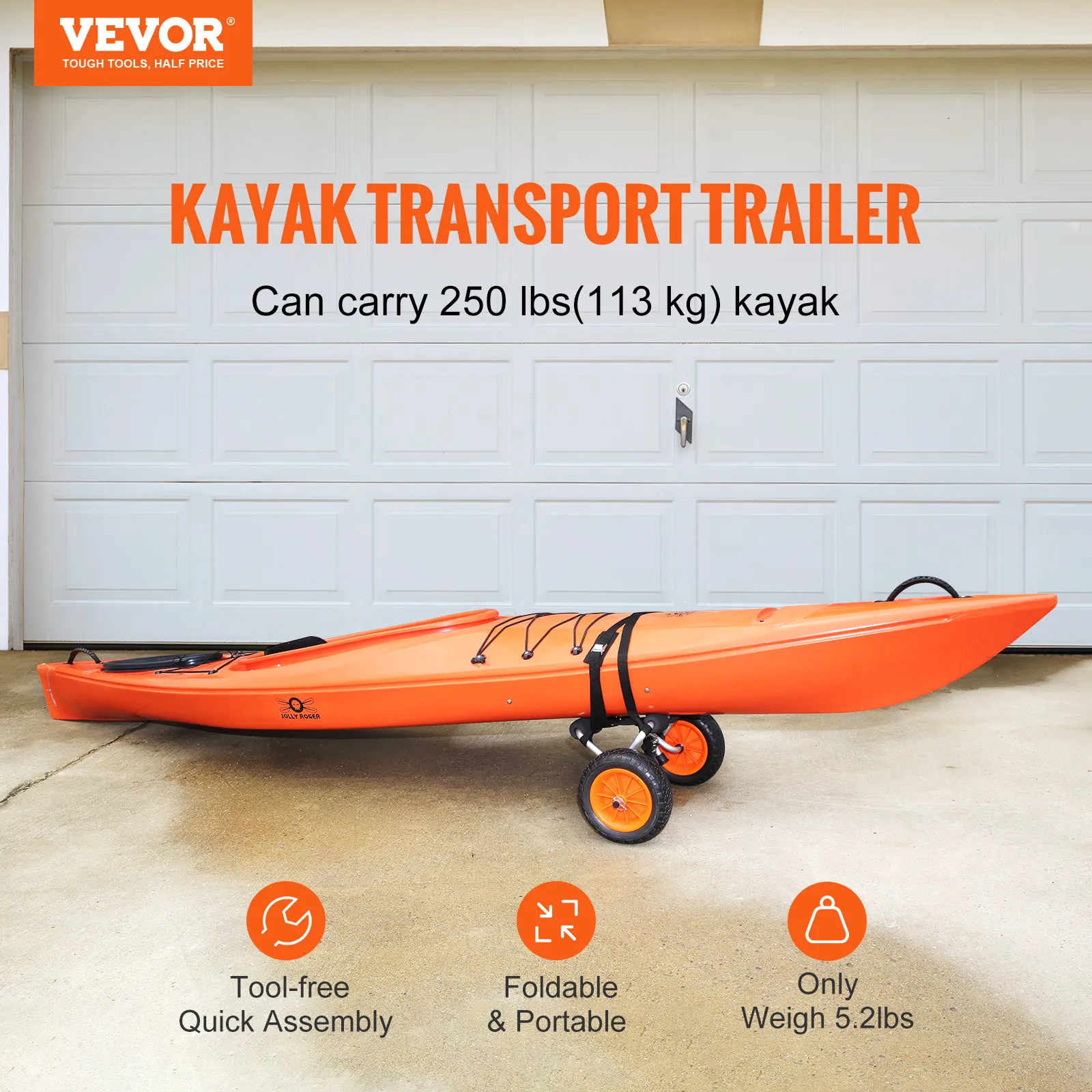 VEVOR Heavy Duty Kayak Cart Foldable Canoe Trolley with 10 in Solid ...