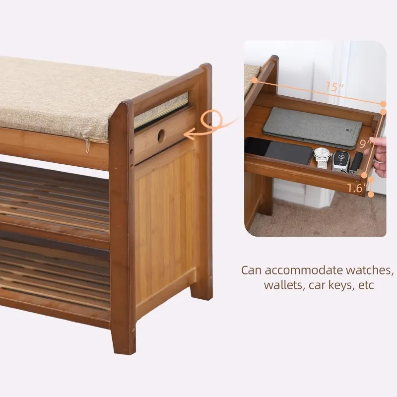 Wood Shoe Storage Bench With Hidden Drawer: 2 Tier Shoe Bench Organizer ...