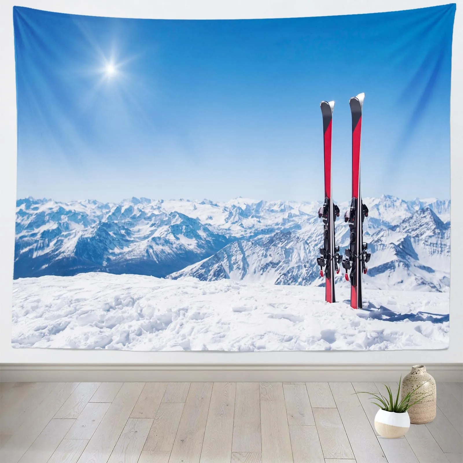 Winter Skiing Tapestry Wall Hanging with Old Cable Ski Lift in Snowy ...