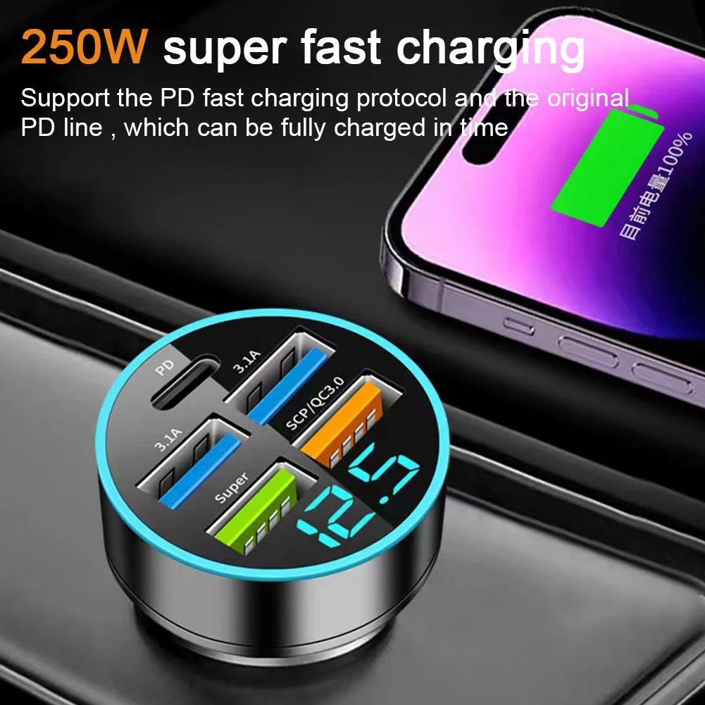 Fast Car Charger USB C 250W 5-Port Adapter: PD 30W & QC 3.0 USB Power ...