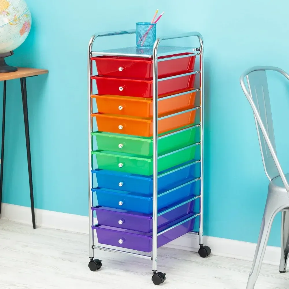 10-Drawer Rainbow Color Plastic Drawer Metal Craft Storage Rolling Cart ...